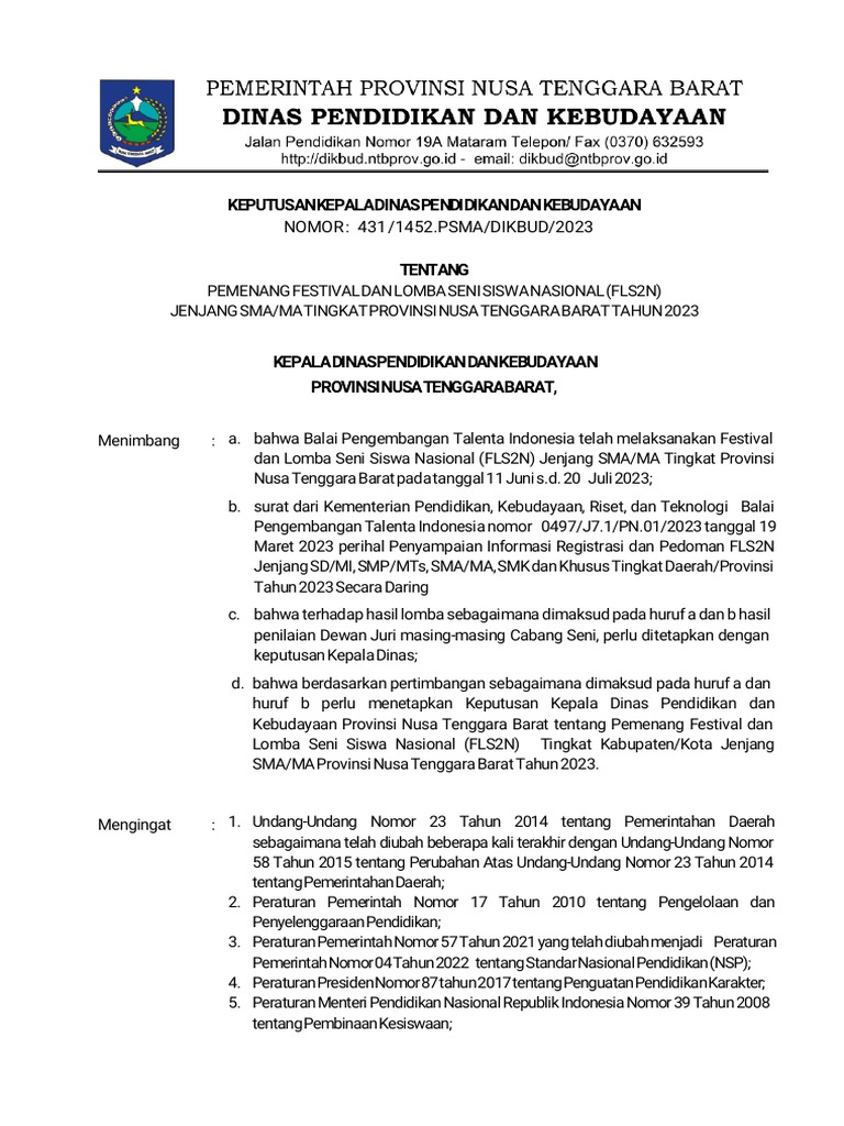 Sk. Pemenang Fls2n TK Prov - ntb.2023 | PDF
