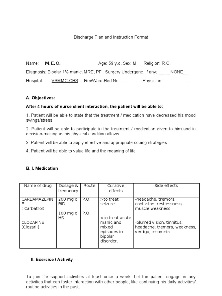 Bipolar Disorder Discharge Plan | PDF | Bipolar Disorder | Mania