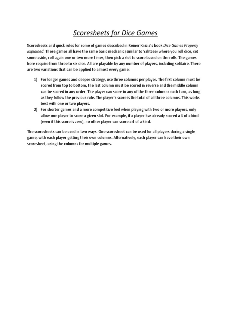 Dice Game Score Sheets and Rules | PDF | Leisure Activities | Tabletop ...
