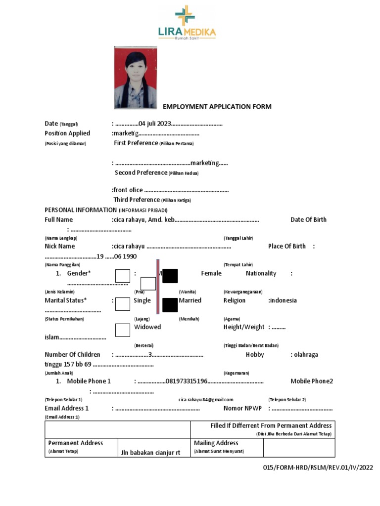 Employeement Aplication Form Nama Posisi Pdf