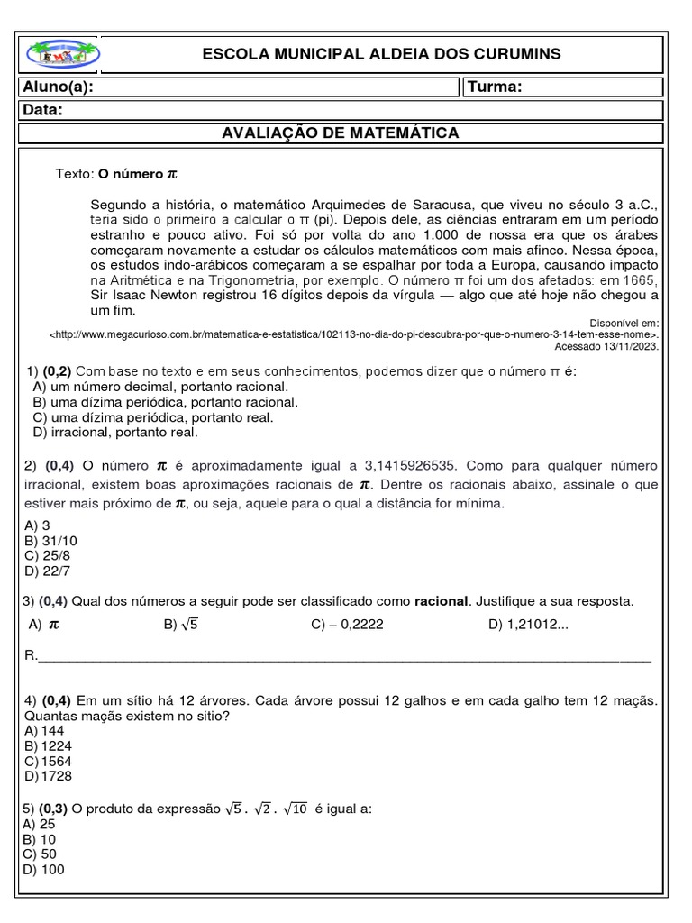 AVALIAÇÃO MATEMÁTICA EIXO V | PDF | Número racional | Números
