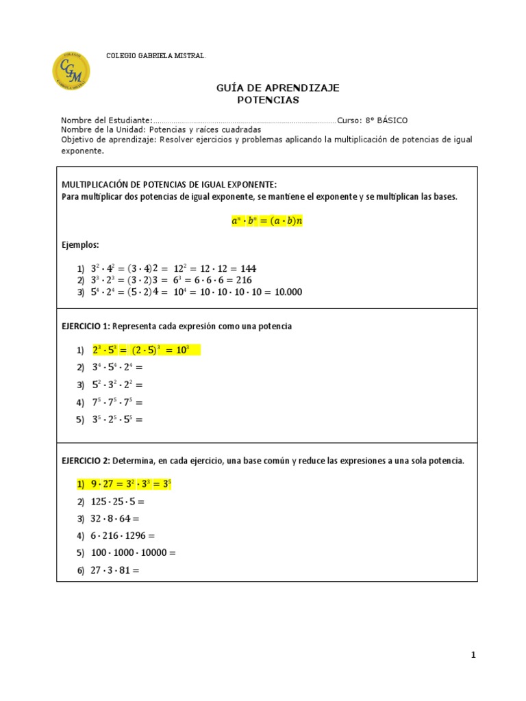 Guía de Multiplicación de Potencias | PDF | Exponenciación | Multiplicación