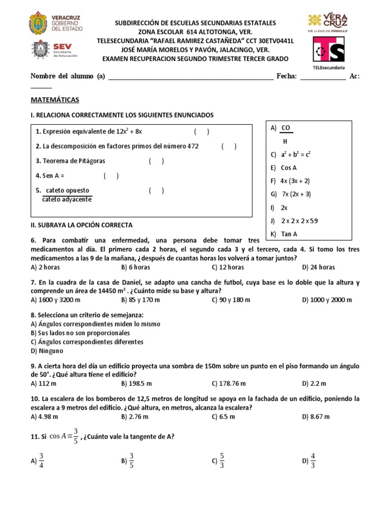 Examen Recuperación Matemáticas 3° Grado | PDF | Geometría del plano ...