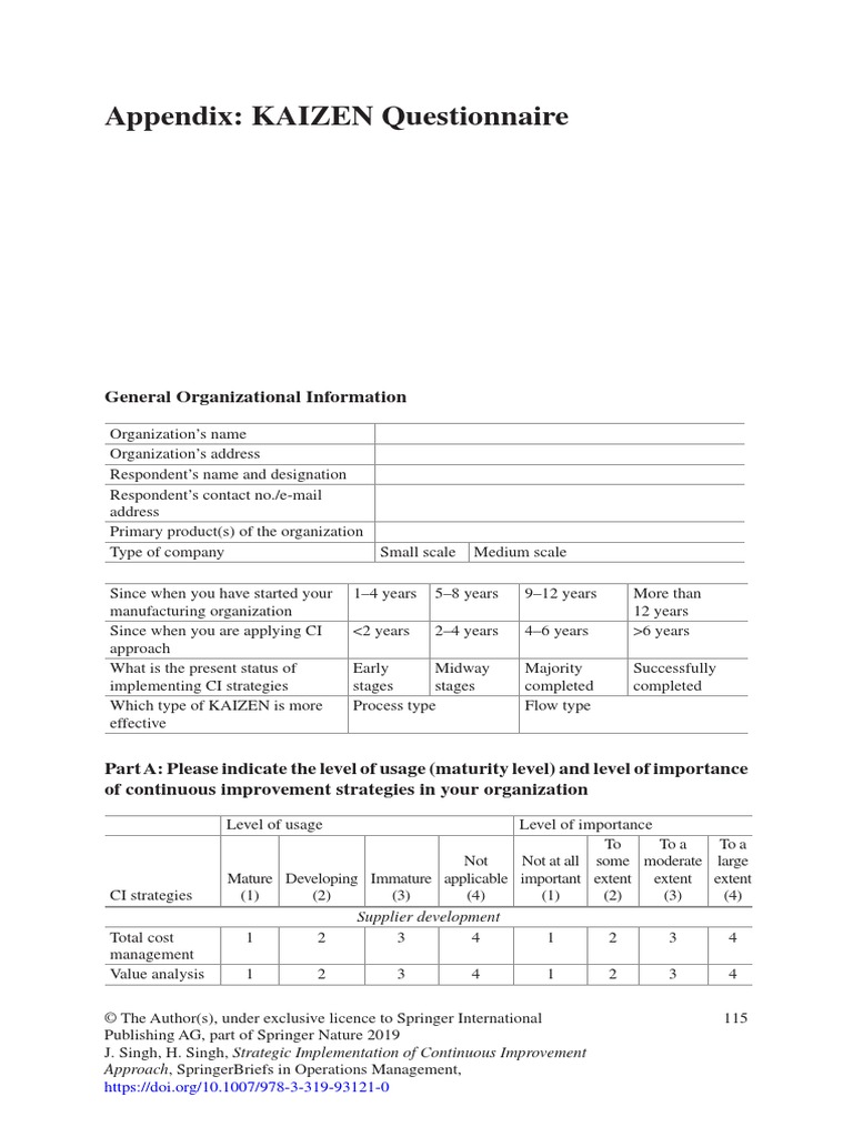 Appendix: KAIZEN Questionnaire: General Organizational Information | PDF | Lean Manufacturing ...