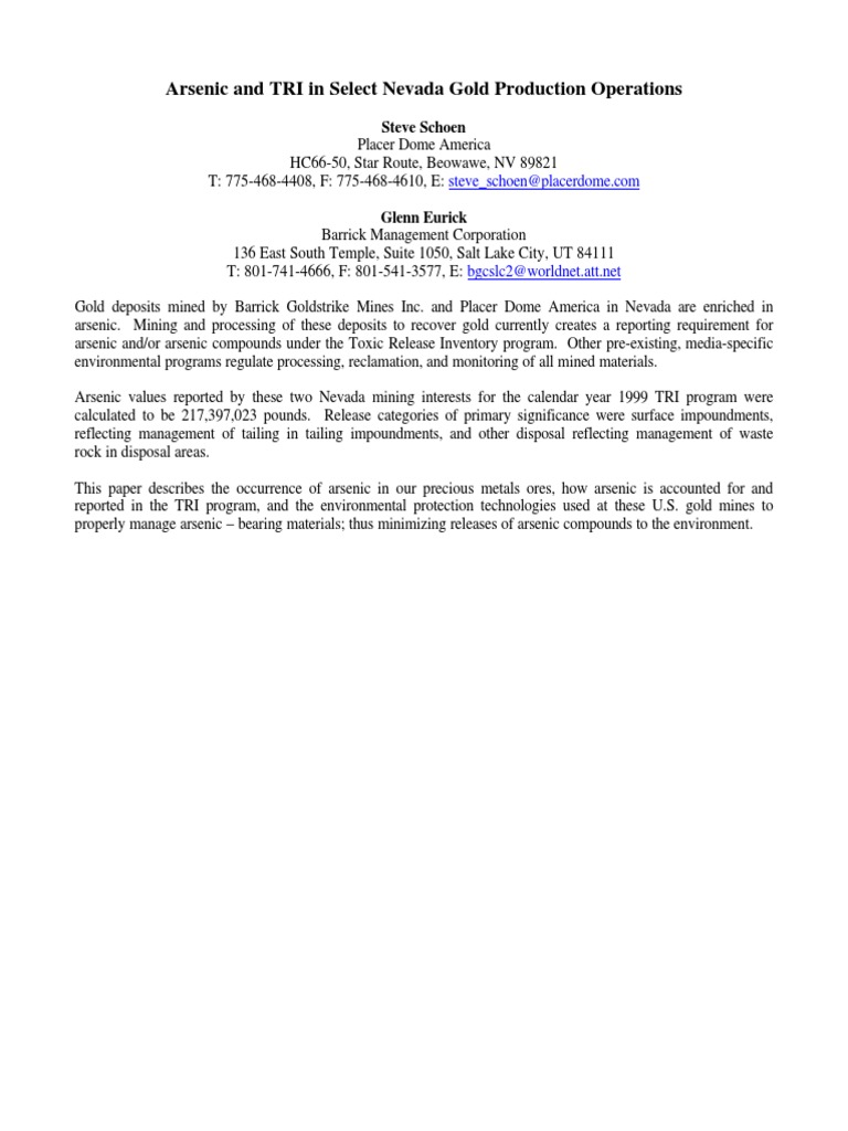 Arsenic and TRI in Select Nevada Gold Production Operations | PDF ...