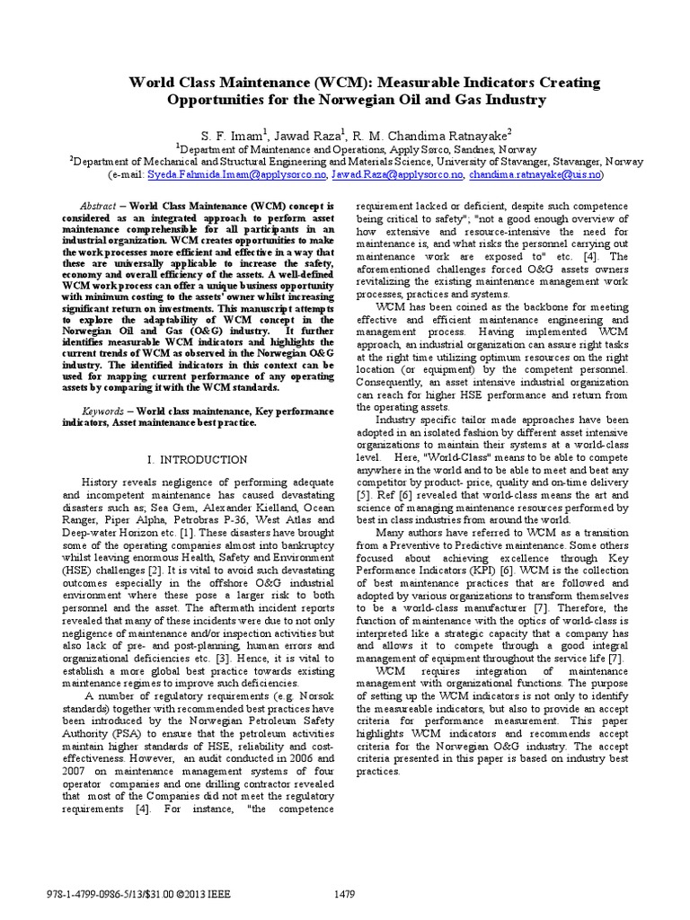 Abstract - World Class Maintenance (WCM) Concept Is | PDF | Performance Indicator | Reliability ...