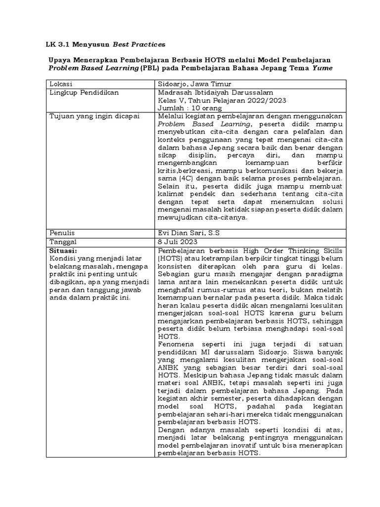 Upaya Menerapkan Pembelajaran Berbasis HOTS Melalui Model Pembelajaran Problem Based Learning ...