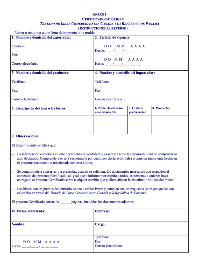 Formulario de Certificado de Origen | PDF | Fax