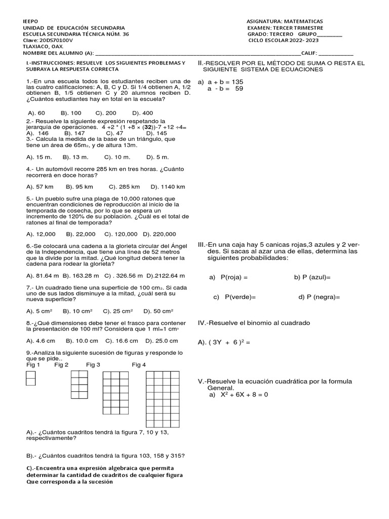 Examen Tercer Trimestre Mate 3 | PDF | Matemáticas | Matemática Elemental