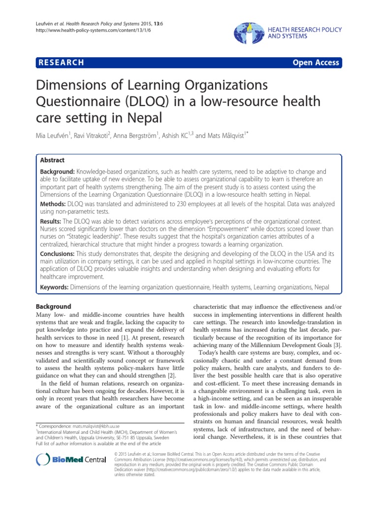 Dimensions of Learning Organizations Questionnaire (DLOQ) in A Low ...
