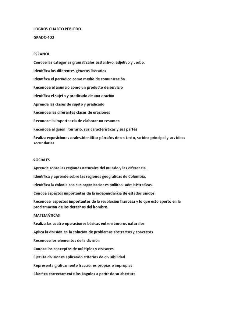 Logros Cuarto Periodo | PDF