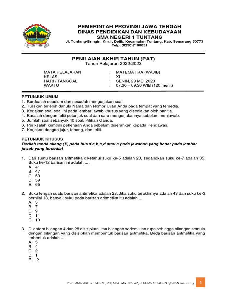 Soal Penilaian Akhir Tahun Matematika Kelas Xi Ta 2022 - 2023 | PDF