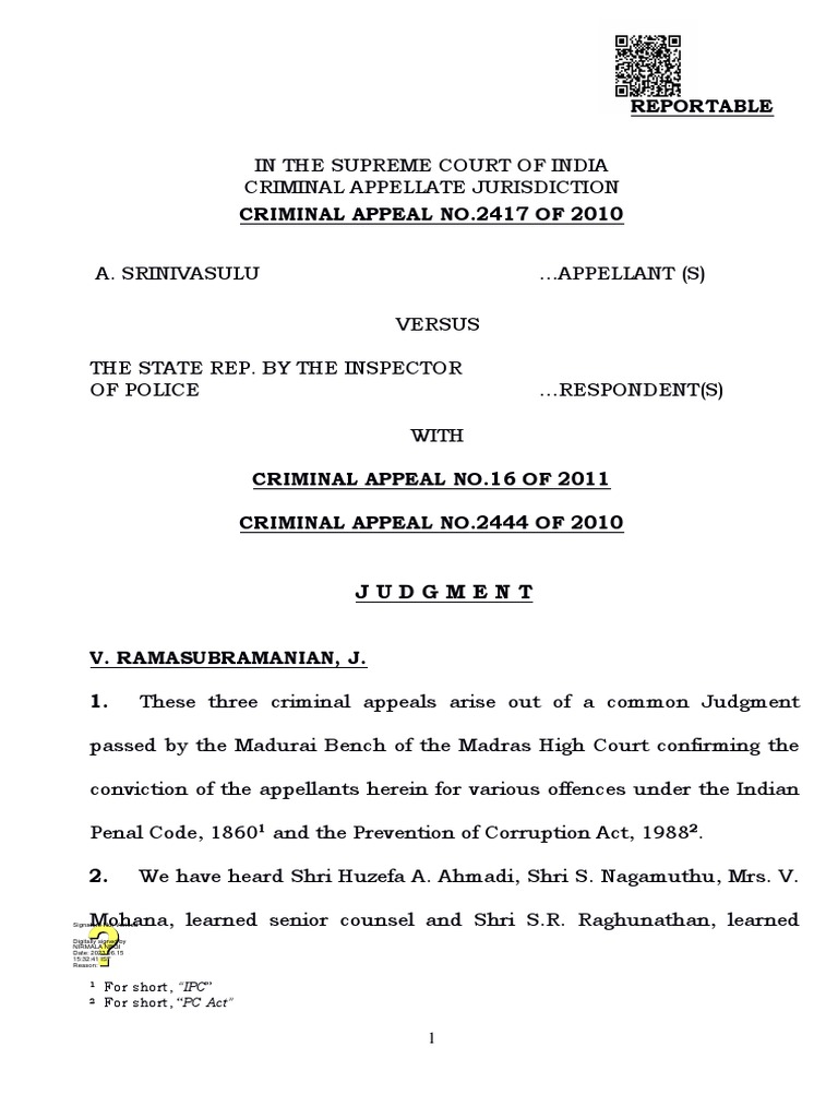 A. Srinivasulu vs. State (Sec 197 CRPC - Sanction Required Even For Acts Done in Excess of ...