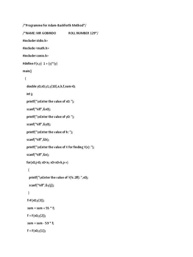Programme For Adam-Bashforth Method | PDF