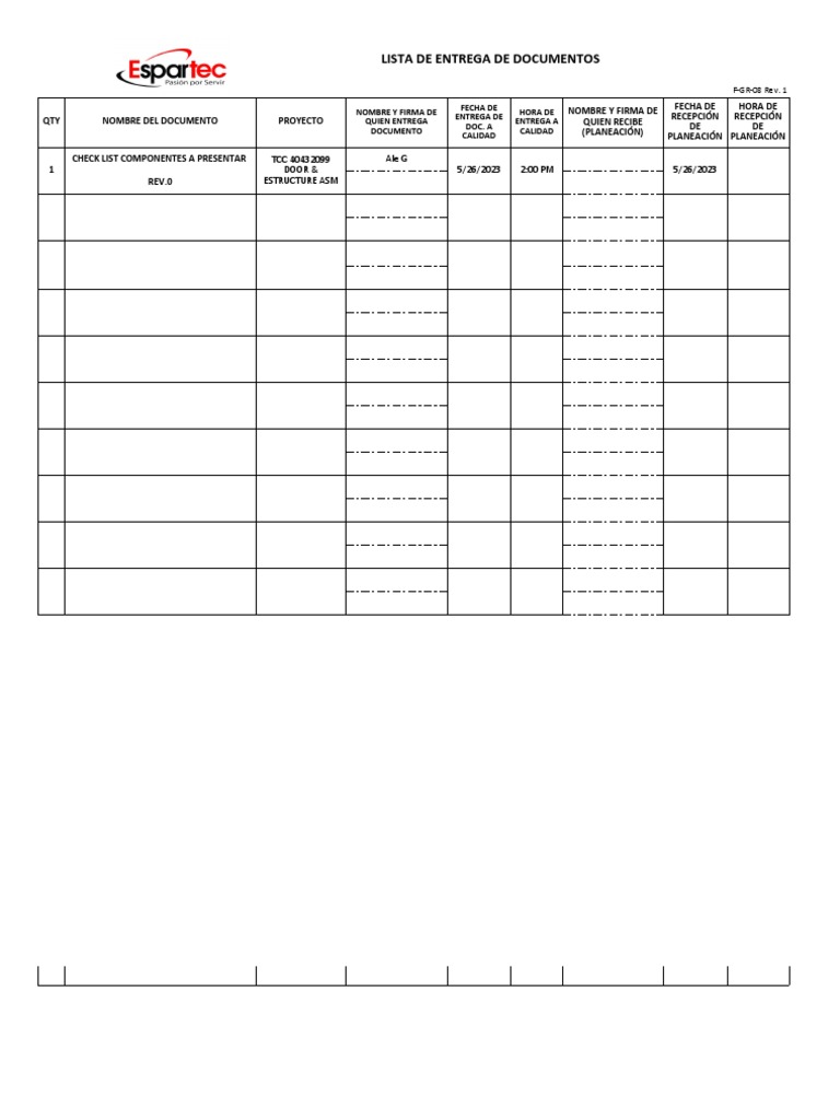 F-GR-08 Lista de Entrega de Documentos Rev.1 | PDF