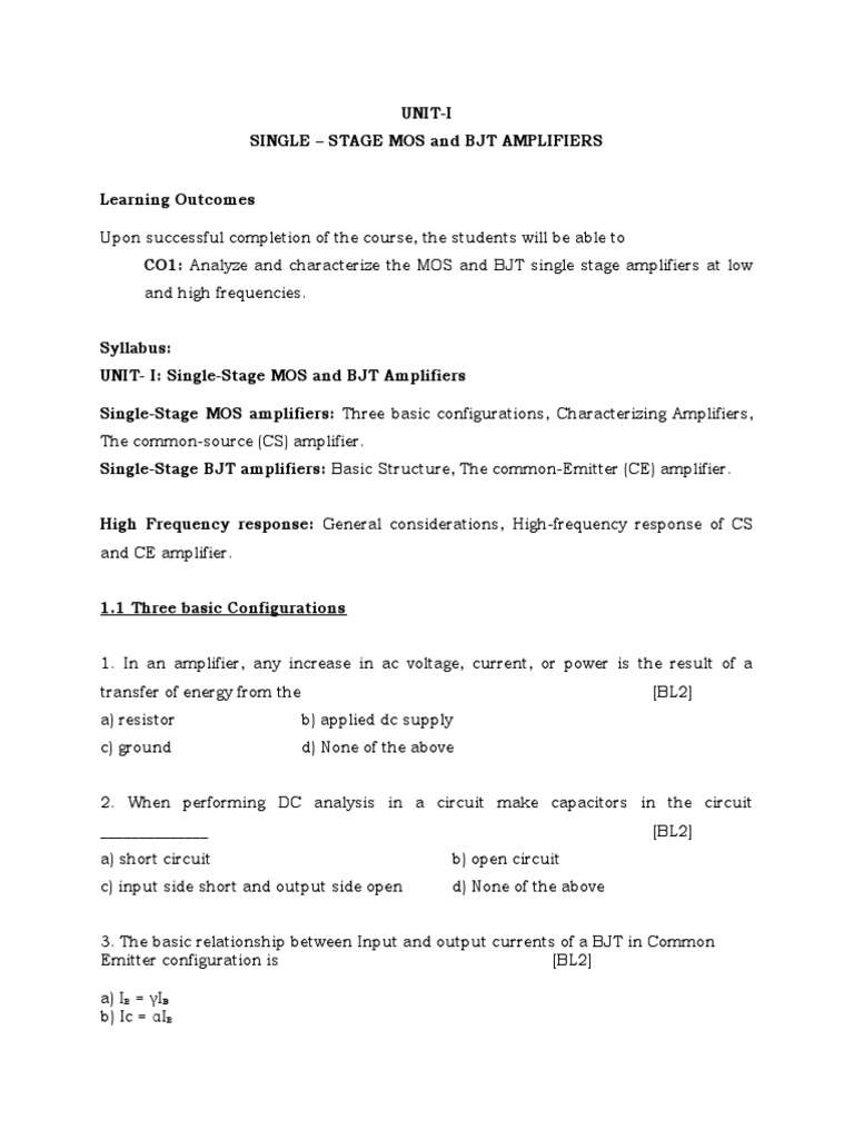 Analog Circuits Unit 1 Objective Questions | PDF | Amplifier | Mosfet