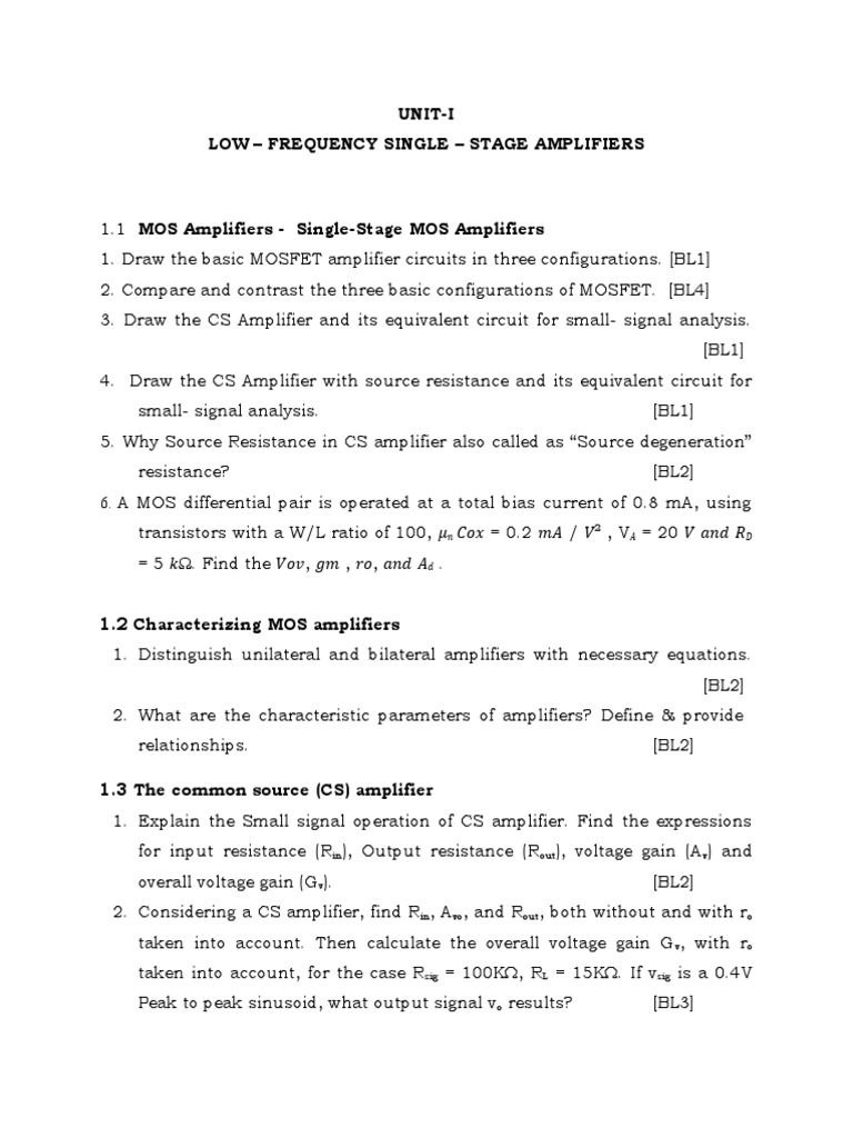 Analog Circuits Unit 1 Subjective Questions | PDF | Amplifier | Bipolar Junction Transistor