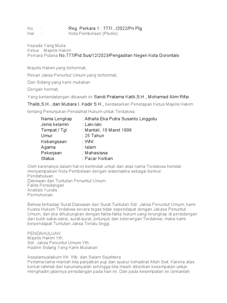 SURAT PEMBELAAN (PLEDOI) | PDF