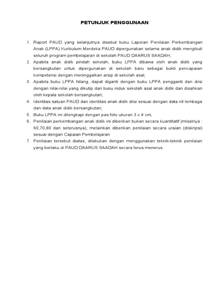 CONTOH RAPOT MERDEKA PAUD DA | PDF