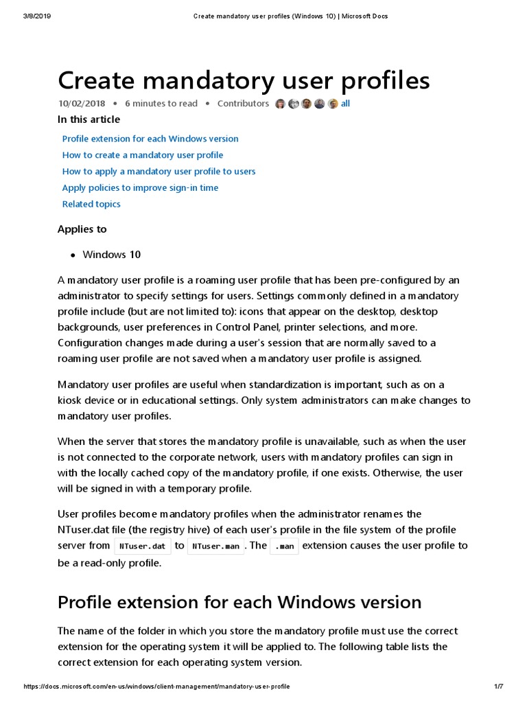 Create Mandatory User Profiles (Windows 10) - Microsoft Docs | PDF | Microsoft Windows | Windows 10