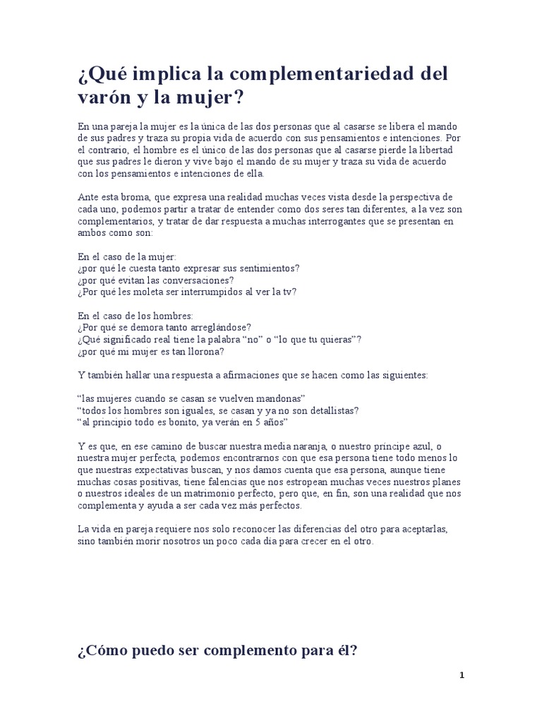 Qué Implica La Complementariedad Del Varón y La Mujer | PDF