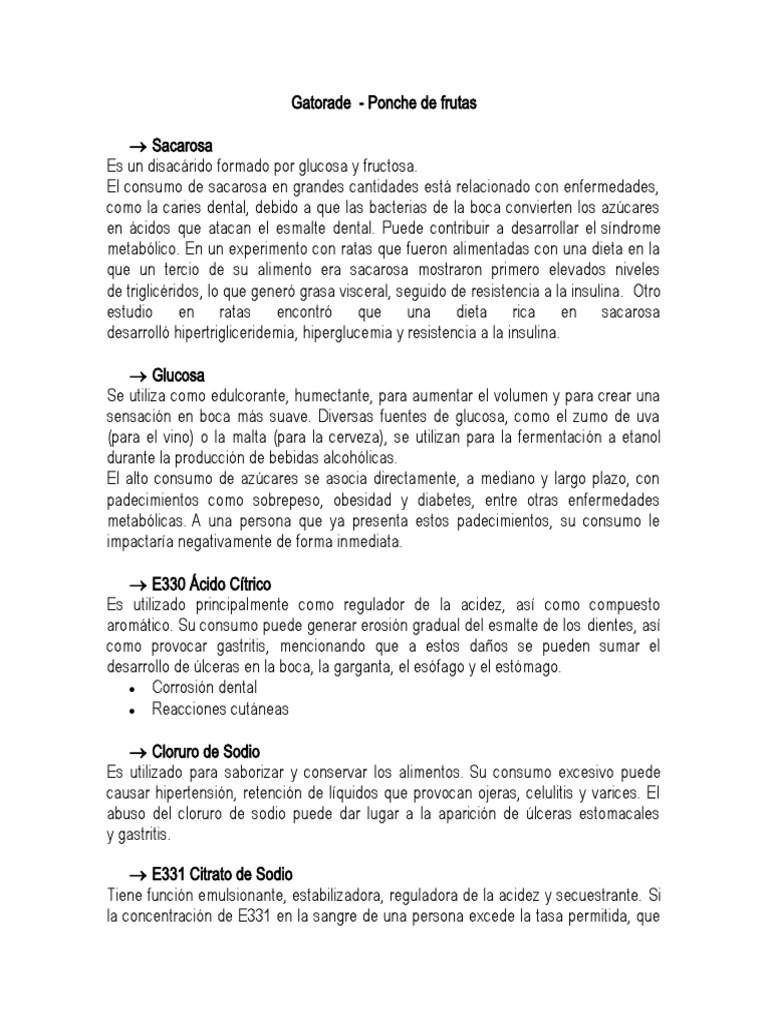 Ingredientes y composición de Gatorade | PDF | Sacarosa | Electrólito