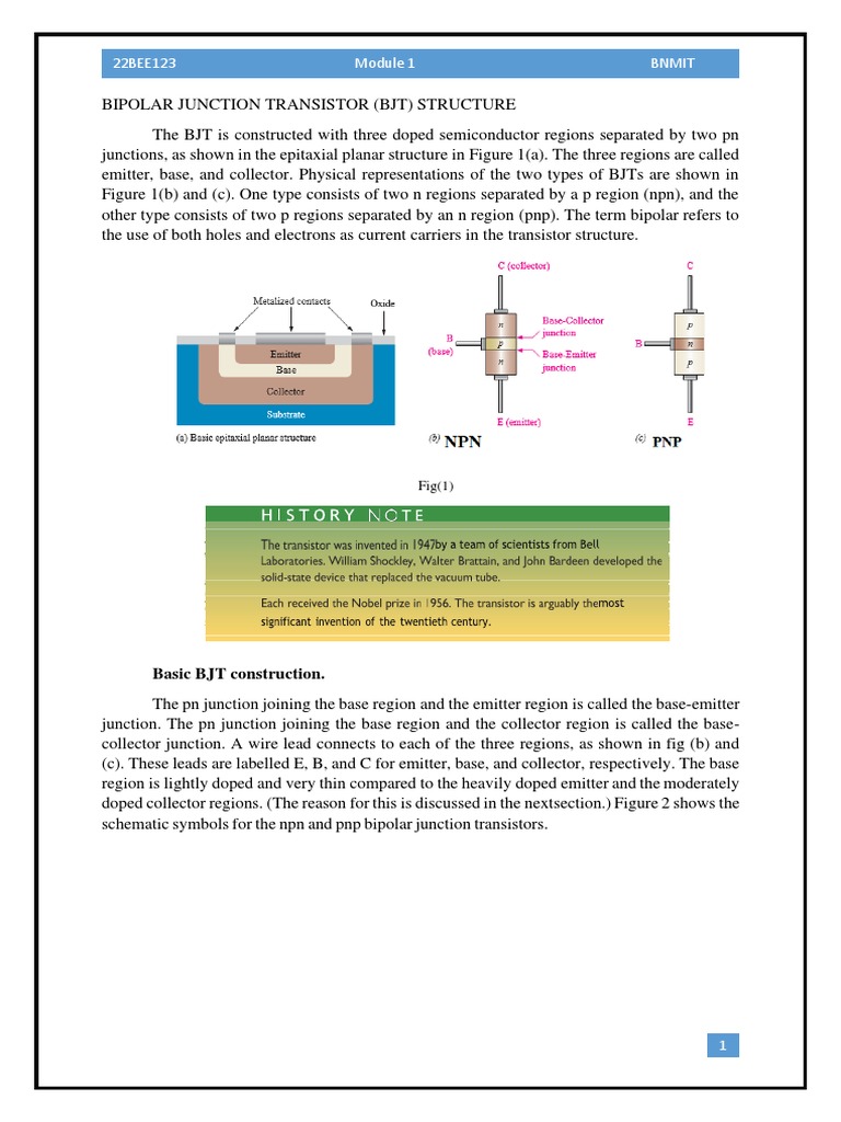 22BEE123 Bnmit: Basic BJT Construction | PDF | Bipolar Junction Transistor | P–N Junction