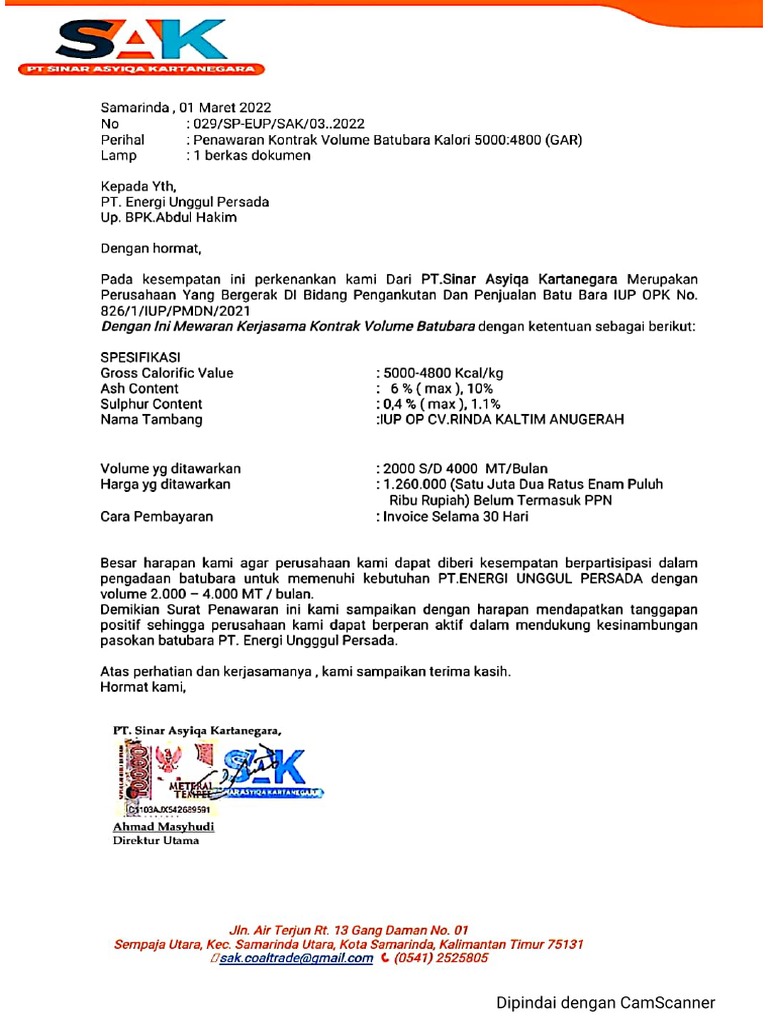 Surat Penawaran Supply Batu Bara EUP | PDF