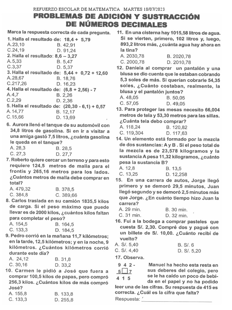 Refuerzo Escolar de Matematica Problemas de Adicion y Sustraccion de ...