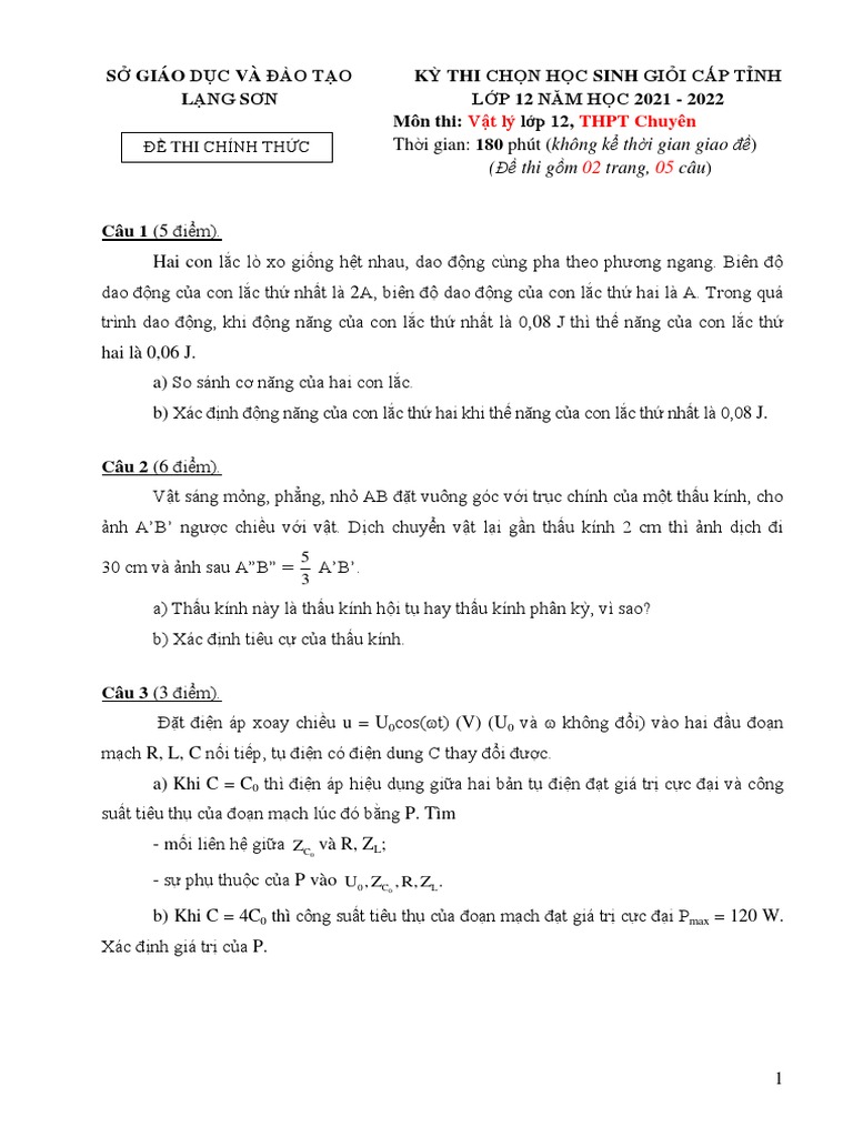 De Hoc Sinh Gioi Tinh Vat Ly 12 Chuyen Nam 2021 2022 So GDDT Lang Son | PDF