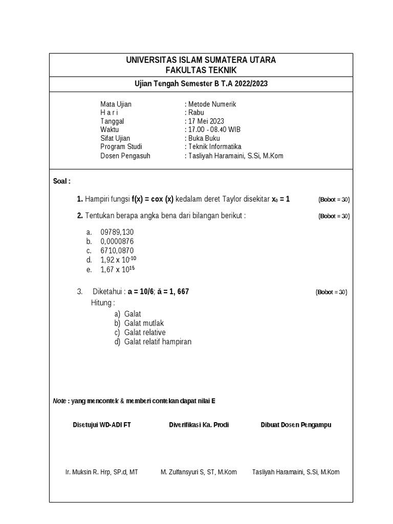 UTS Metode Numerik - Sem.B - TA. 2022-2023 - MALAM | PDF | Metode & Bahan Ajar