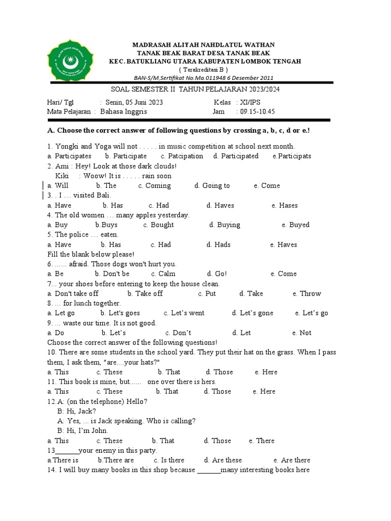 Soal BHS Inggris KLS Xi 2023. | PDF
