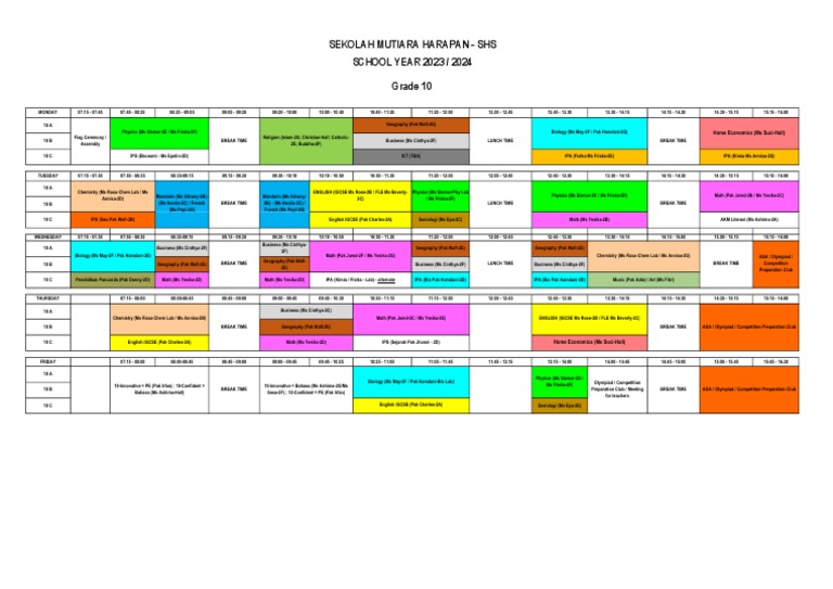 Grade 10 Weekly Class Schedule | PDF | Science