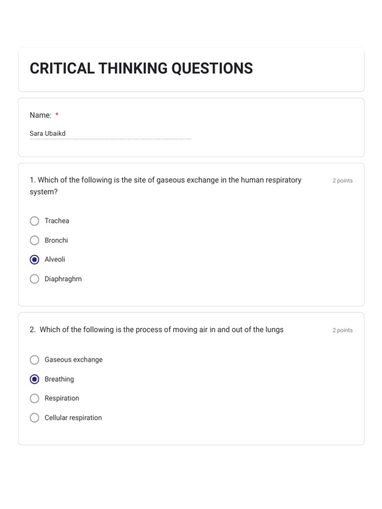 Critical Thinking Questions | PDF | Respiratory Tract | Blood