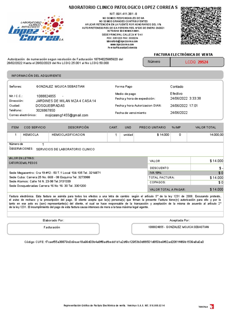 fv08914113810002200029524 Segundo, Factura Lab. | PDF | Dinero | Pagos