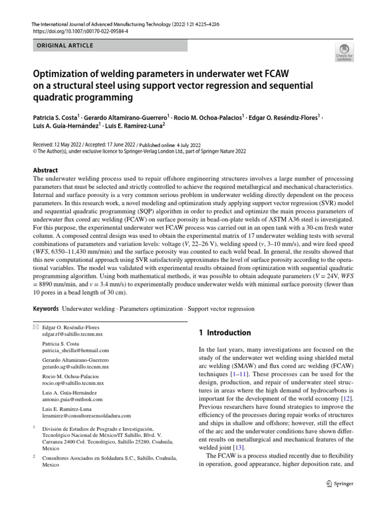 Optimization of Welding Parameters in Underwater Wet FCAW On A Structural Steel Using Support ...