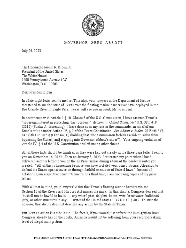 Gov. Abbott Letter To President Biden Over Border Security | PDF ...
