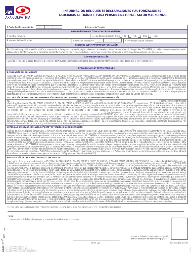 Norma Sarlaft 4.0 - Declaraciones y Autorizaciones Salud Persona Natural - Marzo 2023 ...