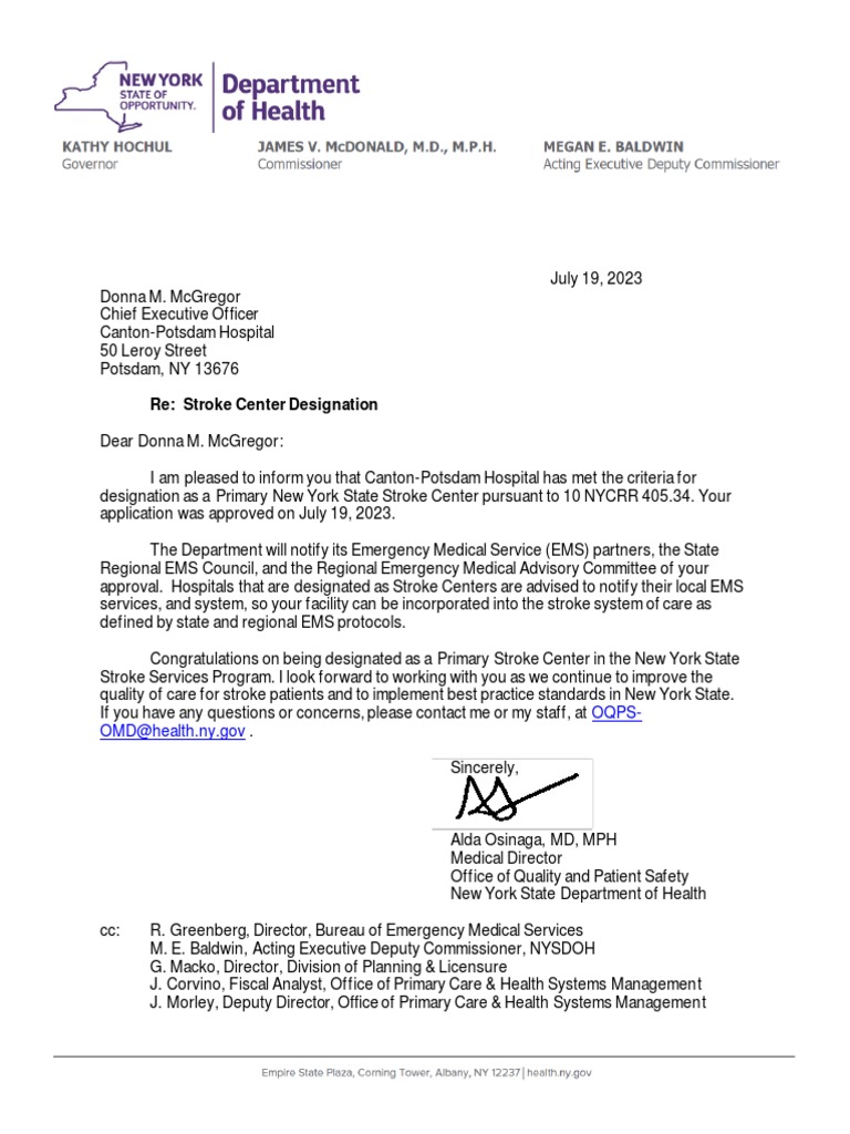Canton-Potsdam Hospital Stroke Center Designation | PDF