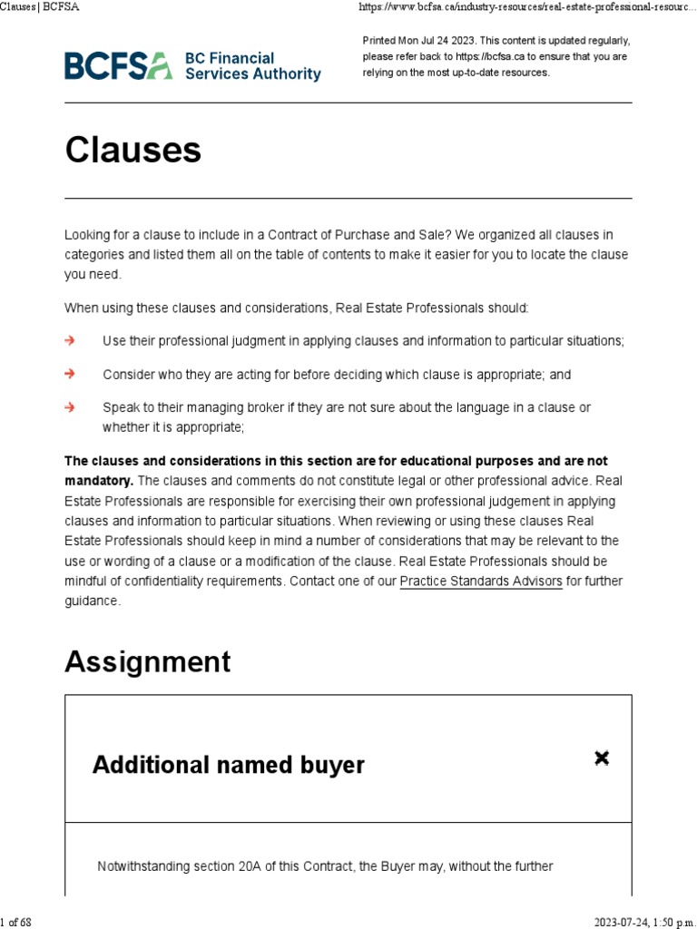 BCFSA Real Estate Clauses Overview | PDF | Mortgage Loan | Assignment (Law)