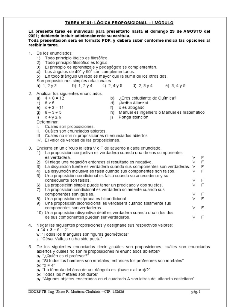 TAREA N° 01 - I MÓDULO | PDF | Proposición | Lógica