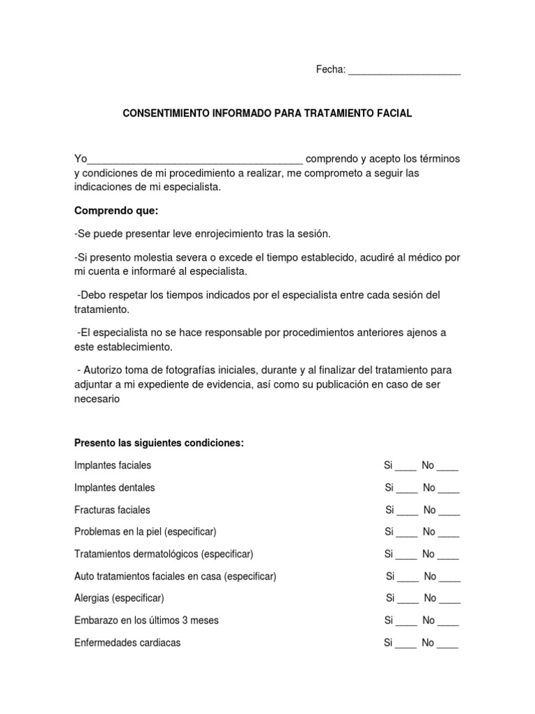 Consentimiento para Tratamiento Facial | PDF | Enfermedades y trastornos humanos | Cuidado de la ...