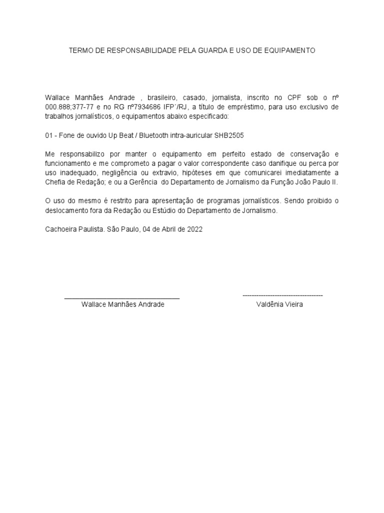 TERMO DE RESPONSABILIDADE PELA GUARDA E USO DE EQUIPAMENTO (3) | PDF