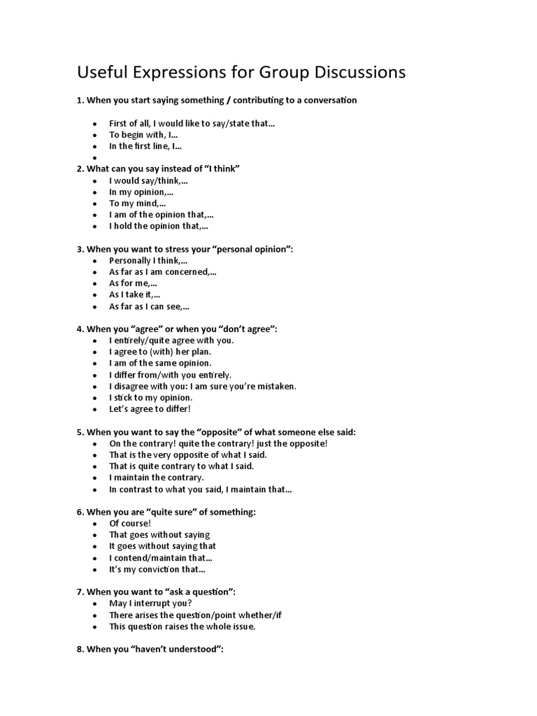 Useful Expressions To Use in Group Discussions | PDF Useful Expressions To Use in Group Discussions | PDF