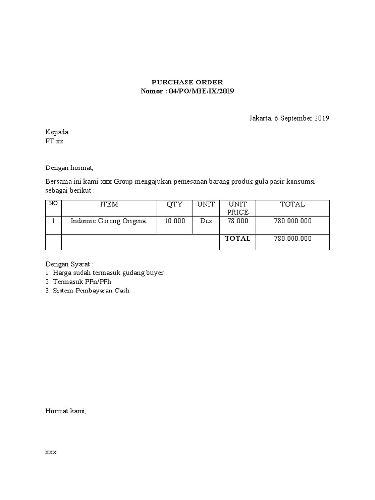 Contoh Purchase Order Gula Pasir | PDF | Pengelolaan Keuangan & Uang