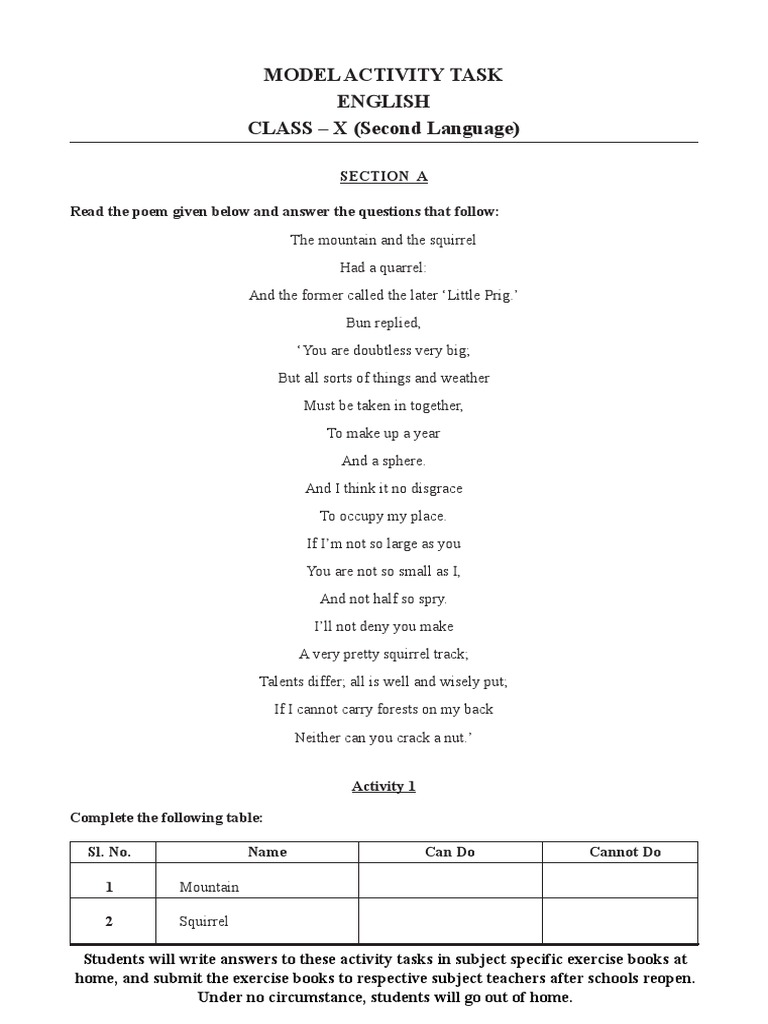 Model Activity Task English CLASS - X (Second Language) | PDF
