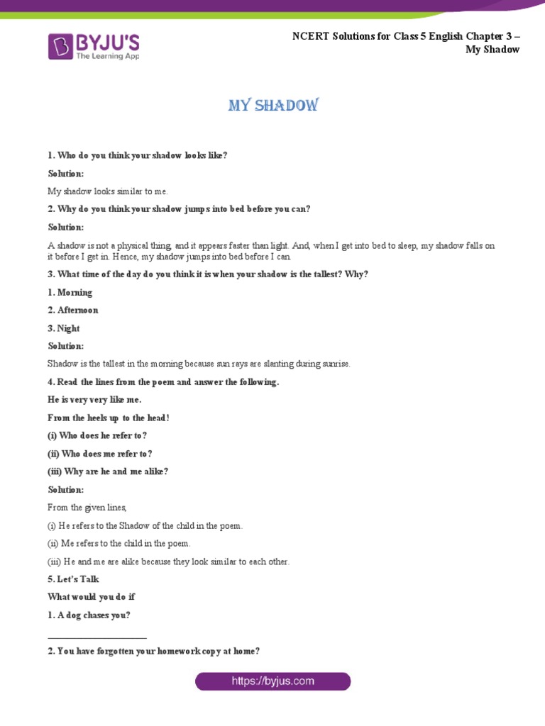 NCERT Solutions For Class 5 English 2may Chapter 3 My Shadow | PDF