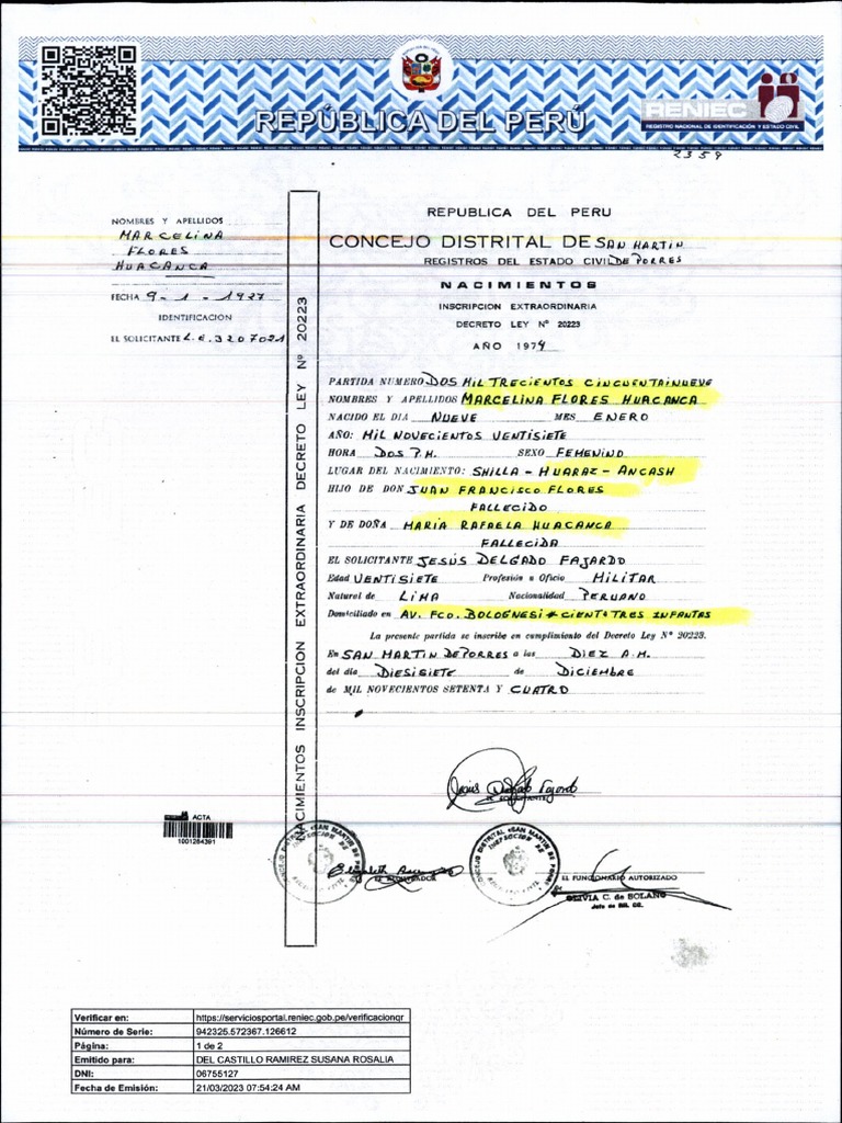 PARTIDA DE NACIMIENTO (Documento Con Firma Digital) . | PDF