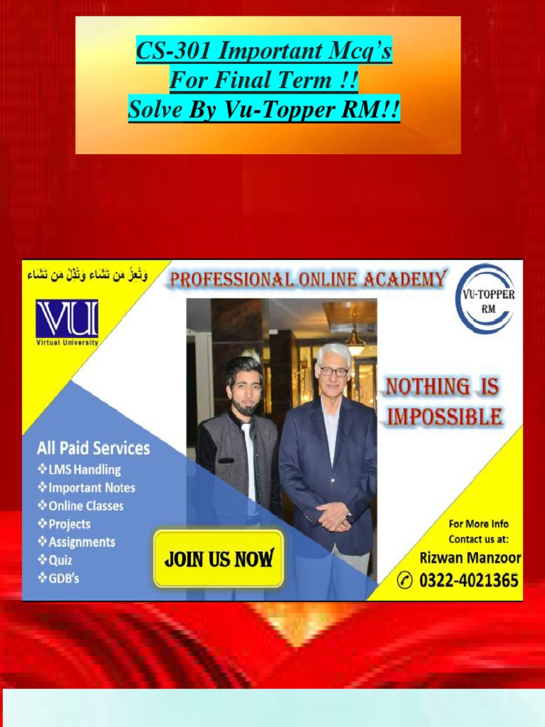 CS-301 Latest Mcq's Final Term by Vu Topper RM | PDF | Method (Computer ...