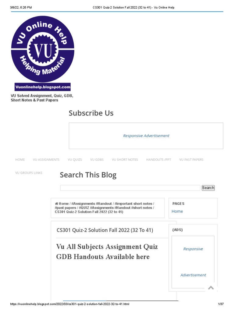 CS301 Quiz-2 Solution Fall 2022 (32 To 41) - Vu Online Help | PDF ...